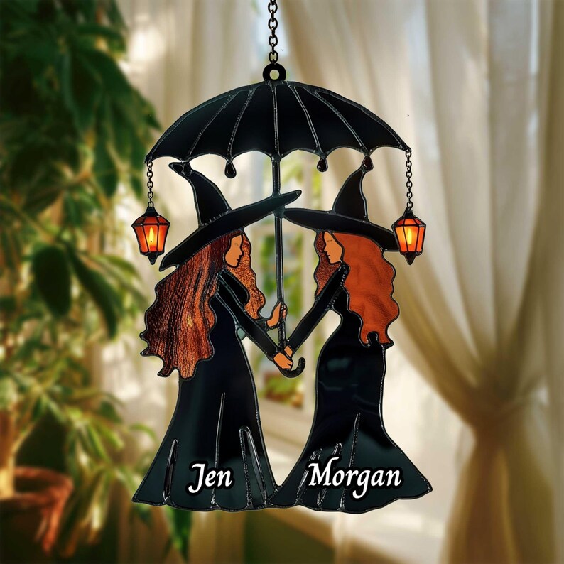 Acrylic Gothic Witch Duo Suncatcher With Umbrella and Lanterns, Faux ...