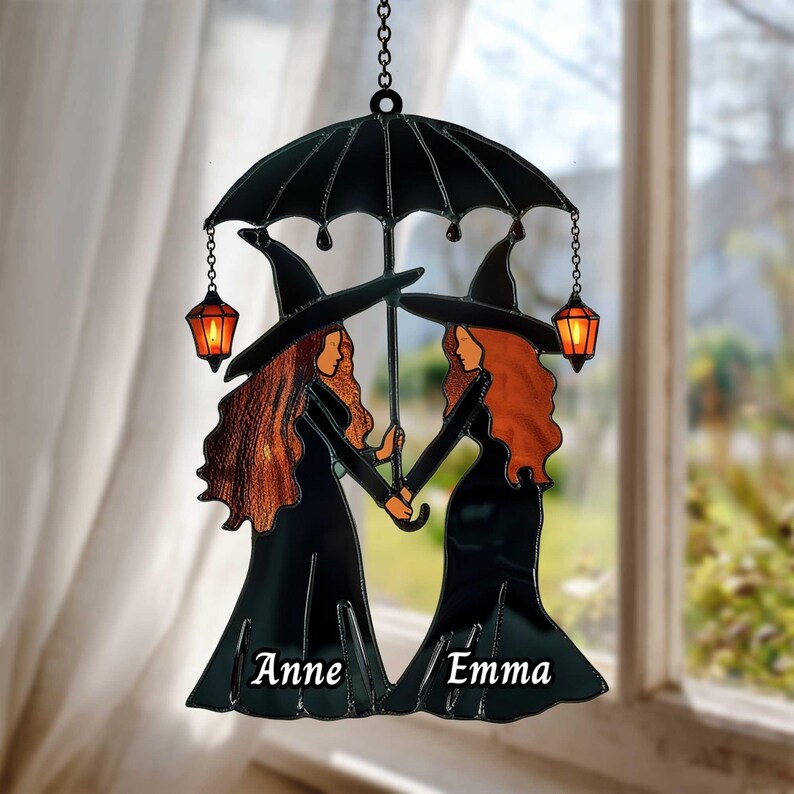 Acrylic Gothic Witch Duo Suncatcher With Umbrella and Lanterns, Faux ...