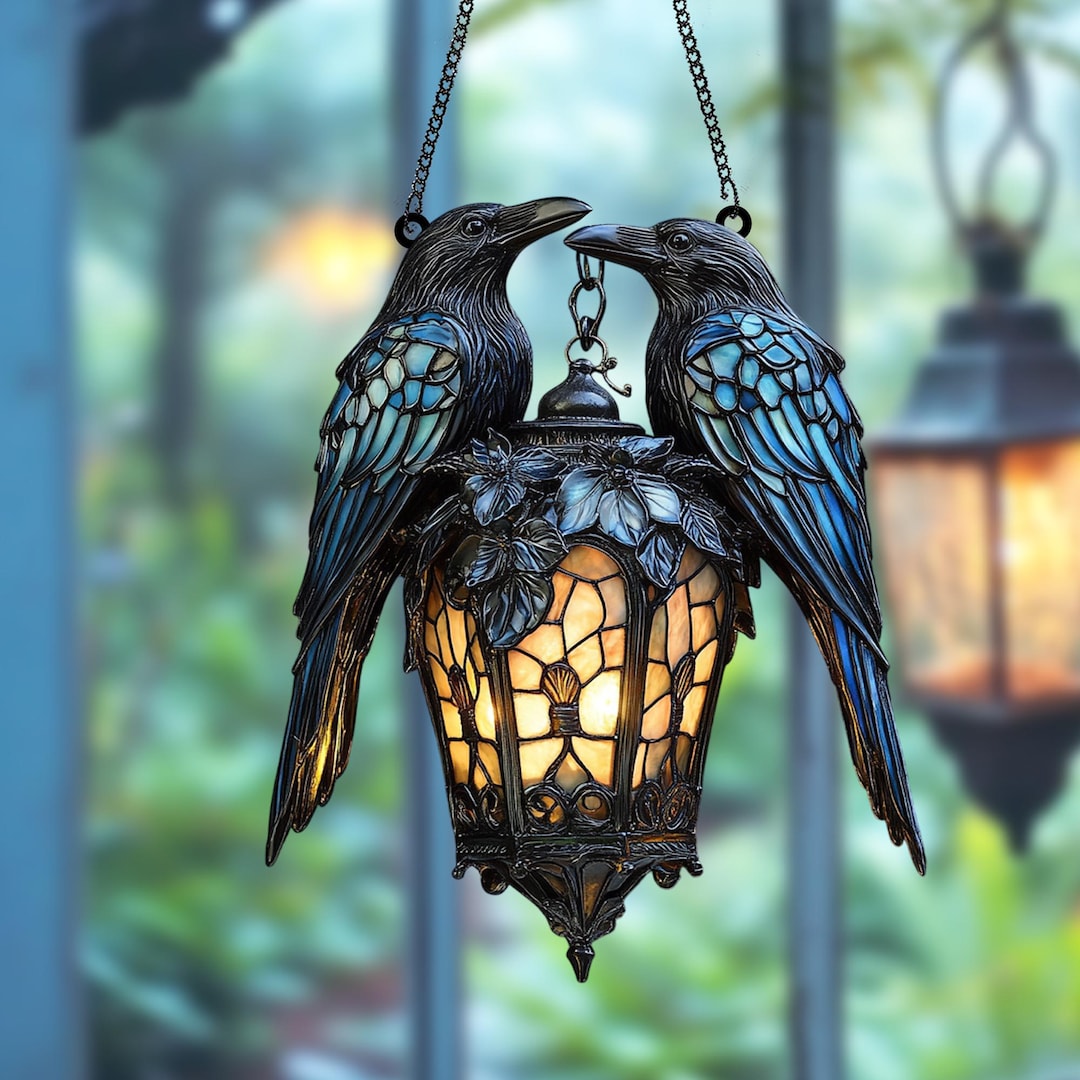 2D Ravens on Gothic Lantern Faux Stained Glass Suncatcher, Vintage ...