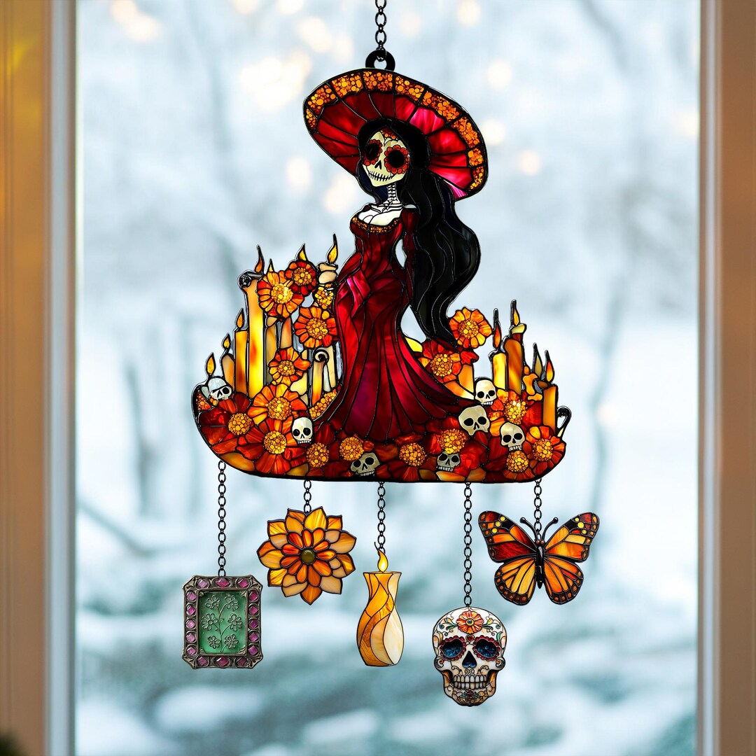 Skeleton Lady Faux Stained Glass Suncatcher, Acrylic La Catrina Window ...