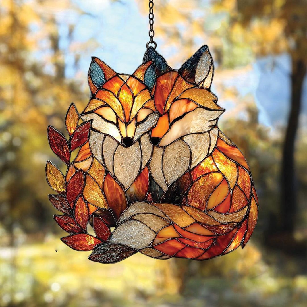 Woodland Fox Pair Acrylic Window Hanging, Warm Autumn Animal Faux ...