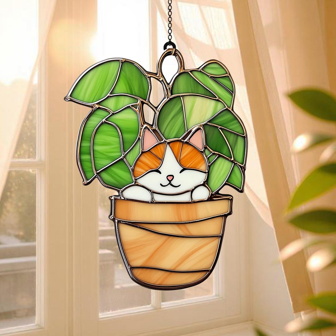 Faux Stained Glass Plantpot Cat Suncatcher, ACRYLIC Window Hanging ...