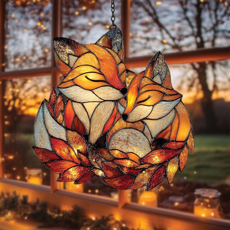 Fox Pair Suncatcher, Faux Stained Glass Window Hanging, Autumn Decor ...