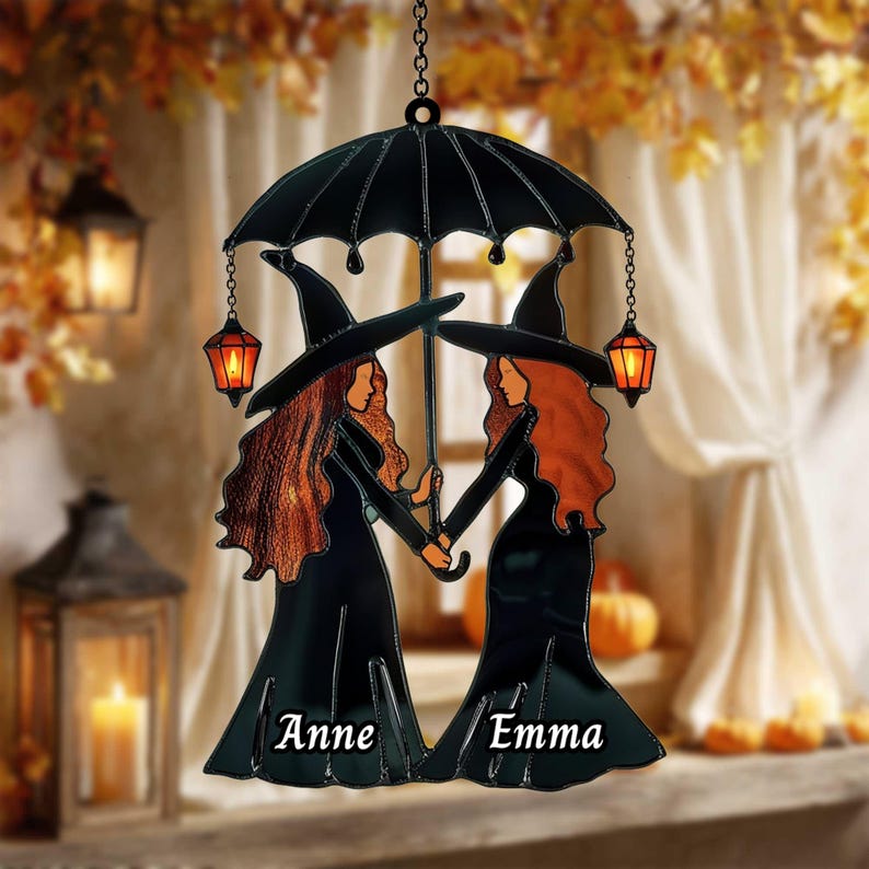 Acrylic Gothic Witch Duo Suncatcher With Umbrella and Lanterns, Faux ...