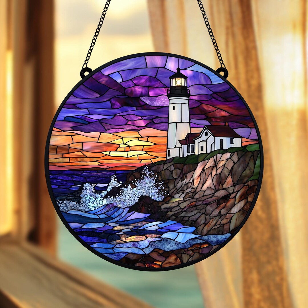 Lighthouse Suncatcher Faux Stained Glass Ornament, Beach and Home Decor ...