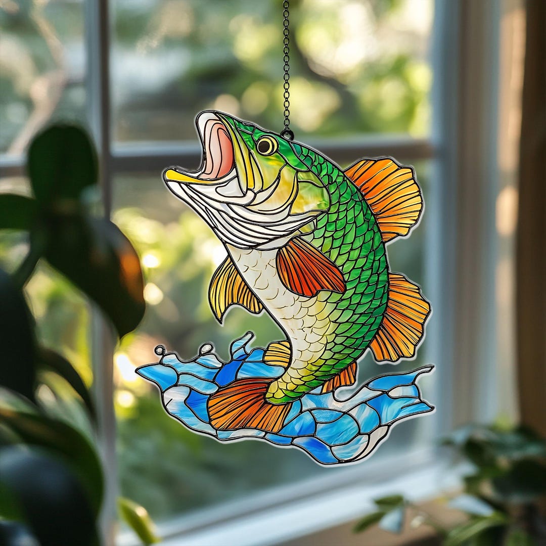 Bass Fish Acrylic Suncatcher, Faux Stained Glass Fishing Gift for Man ...