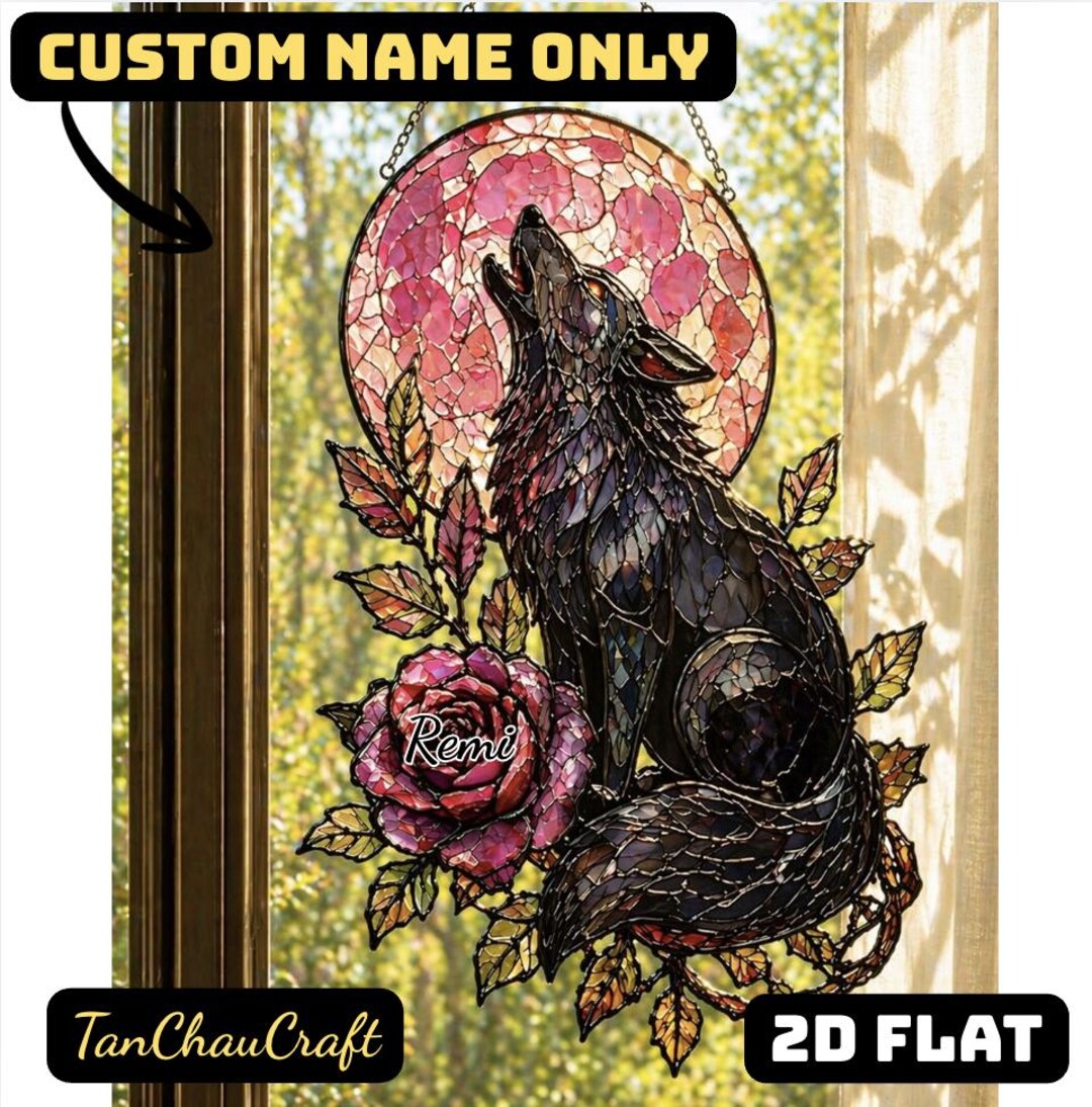 Gothic Wolf Acrylic Suncatcher, Howling Wolf Faux Stained Glass Moon ...