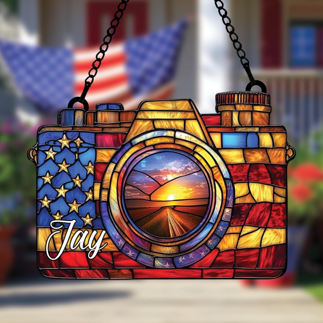 Camera With US Flag Faux Stained Glass Suncatcher, American Flag ...