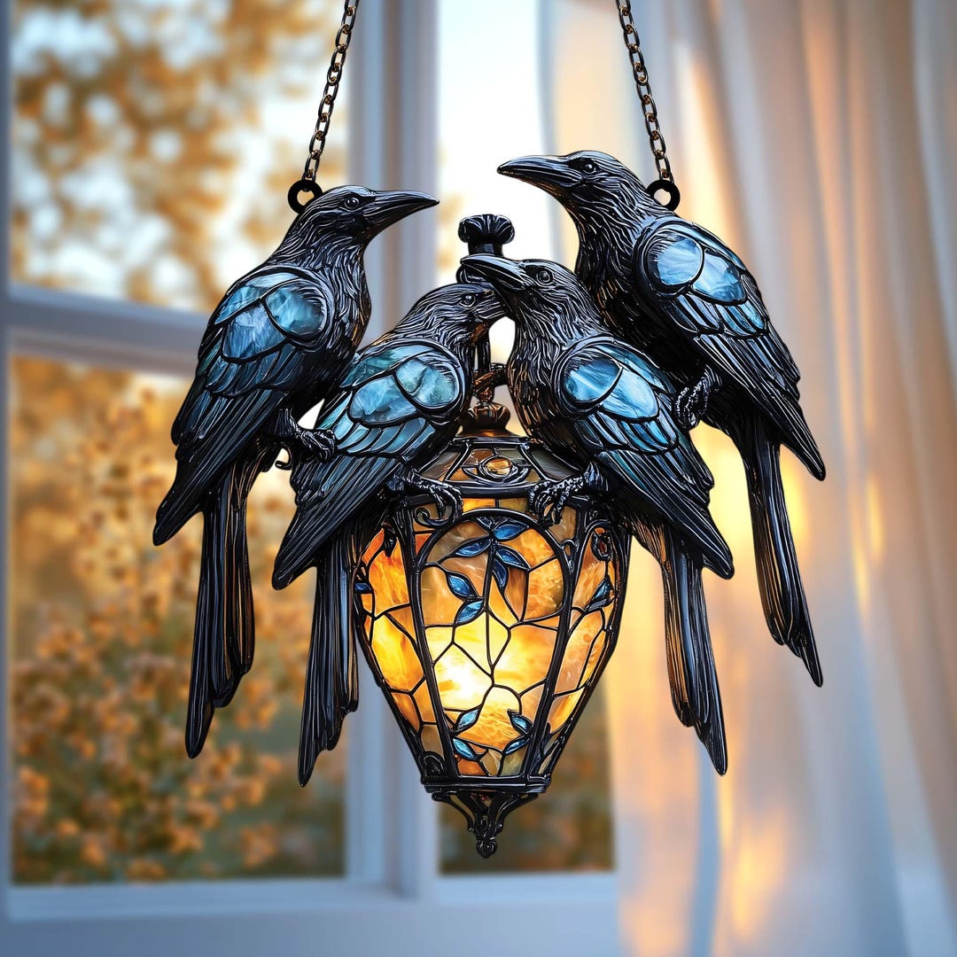 2D Gothic Raven Lantern Acrylic Faux Stained Glass Suncatcher, Spooky ...