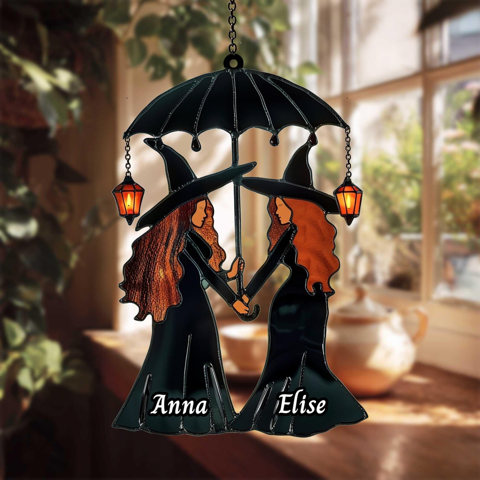 Acrylic Gothic Witch Duo Suncatcher With Umbrella and Lanterns, Faux ...