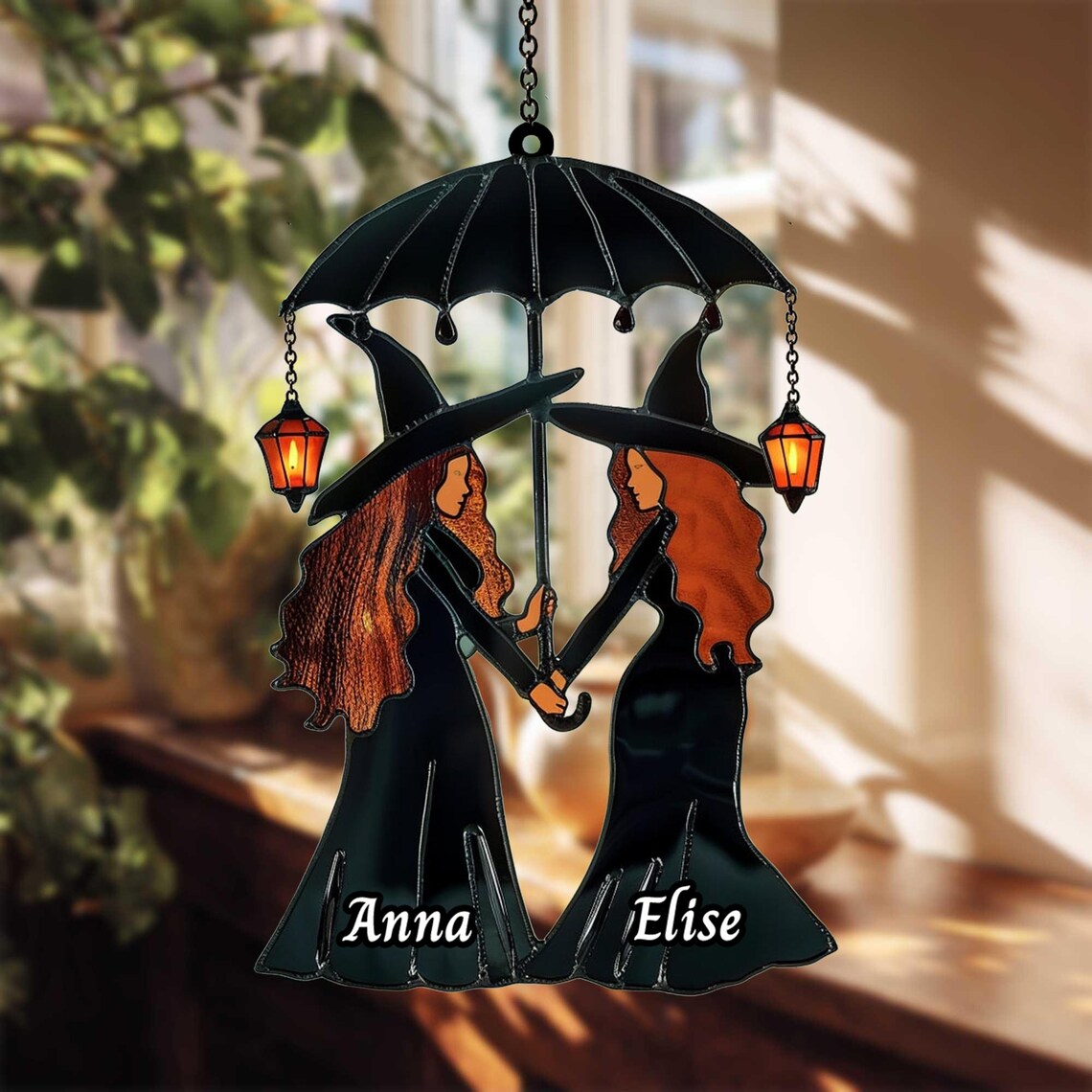 Acrylic Gothic Witch Duo Suncatcher With Umbrella and Lanterns, Faux ...