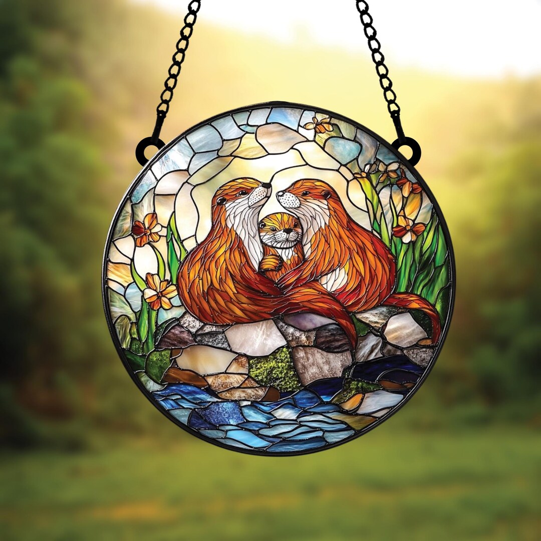 Otter Family Acrylic Suncatcher, Faux Stained Glass Otter Window ...