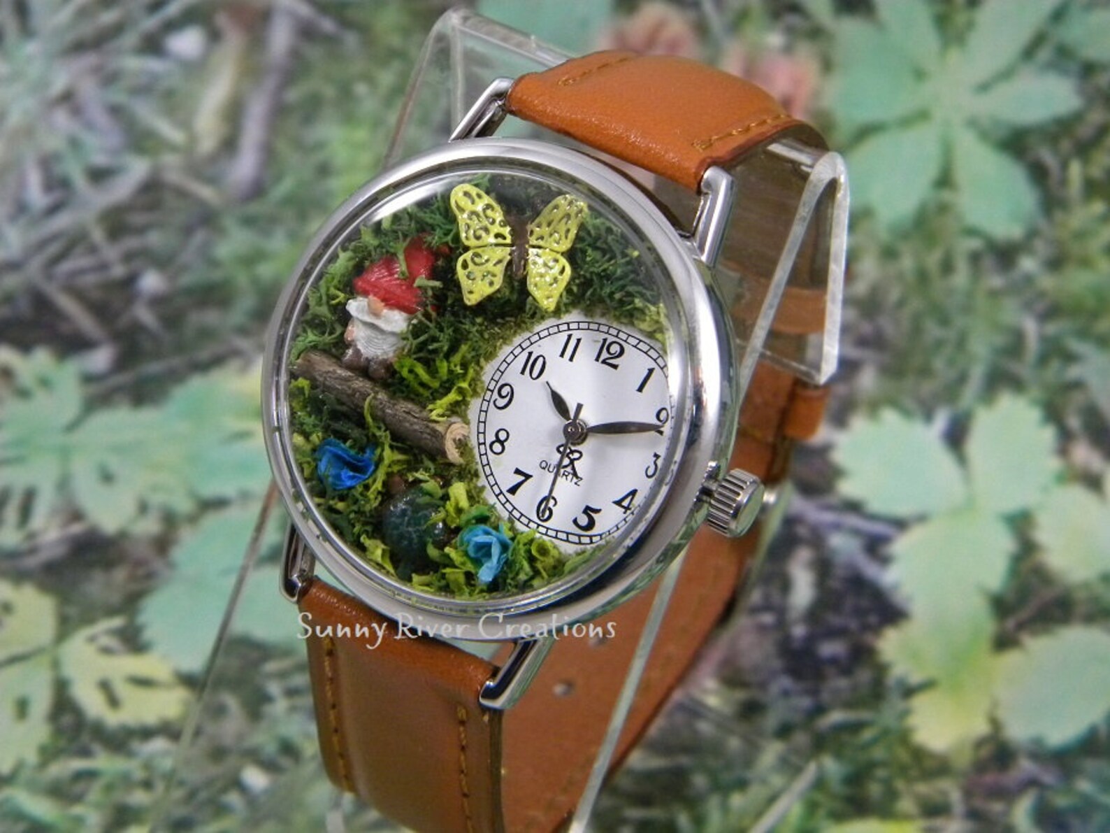 Gnome Watch With Cute Little Gnome Sitting on a Log, Greenery, Flowers ...