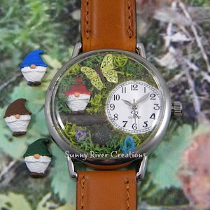 Gnome Watch With Cute Little Gnome Sitting on a Log, Greenery, Flowers ...