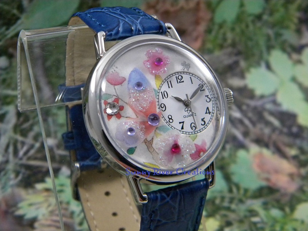 Beautiful Blue and Pink Butterfly Watch With Flowers, Unique Gift ...