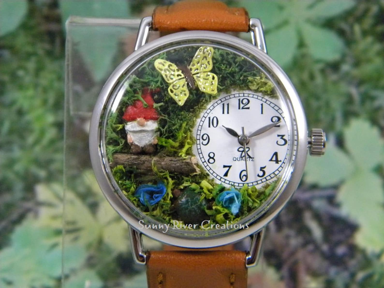 Gnome Watch With Cute Little Gnome Sitting on a Log, Greenery, Flowers ...