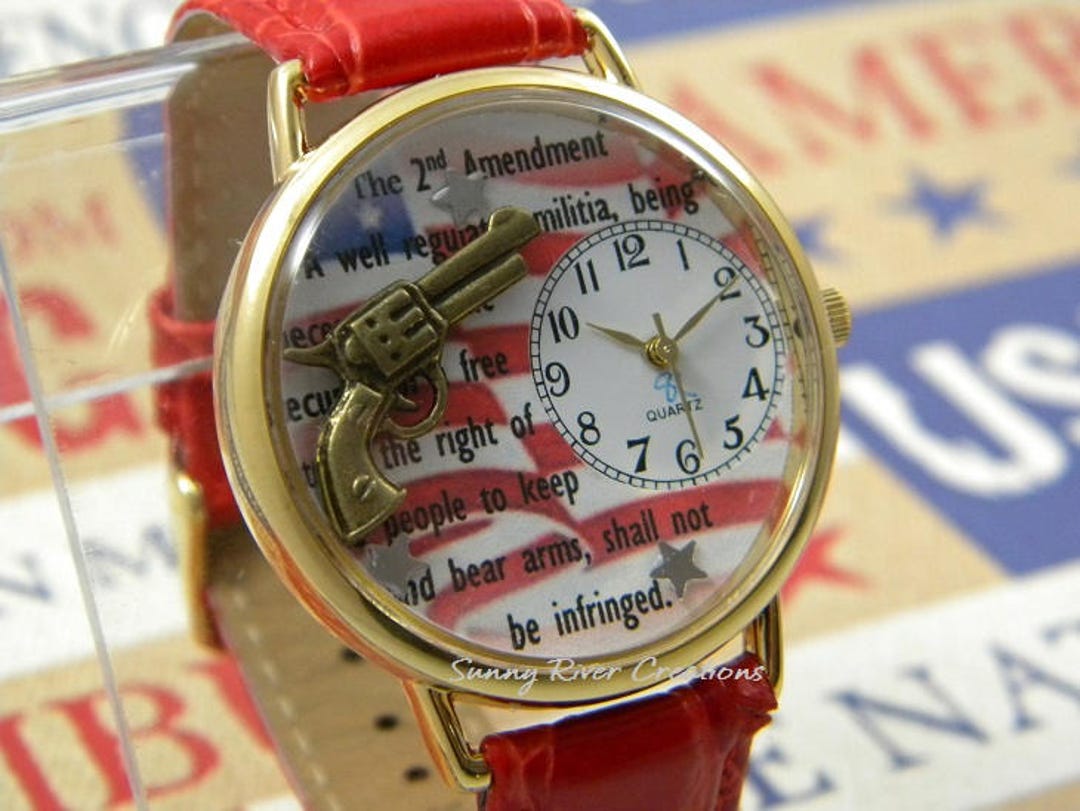 2nd Amendment Watch With Gun Charm, US Flag and Stars, Red, White, Blue ...