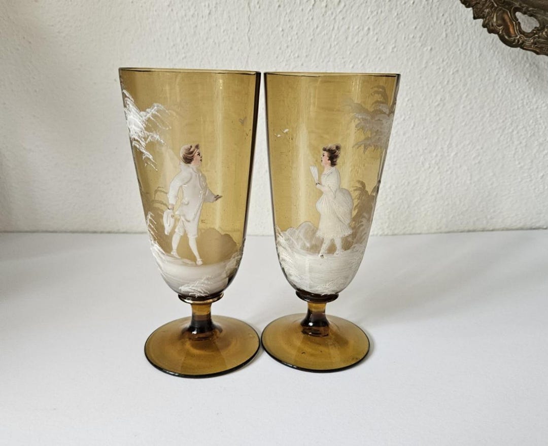 Two Goblets, Glasses. Honey-colored Glass, Snow Painting, Bohemia ...
