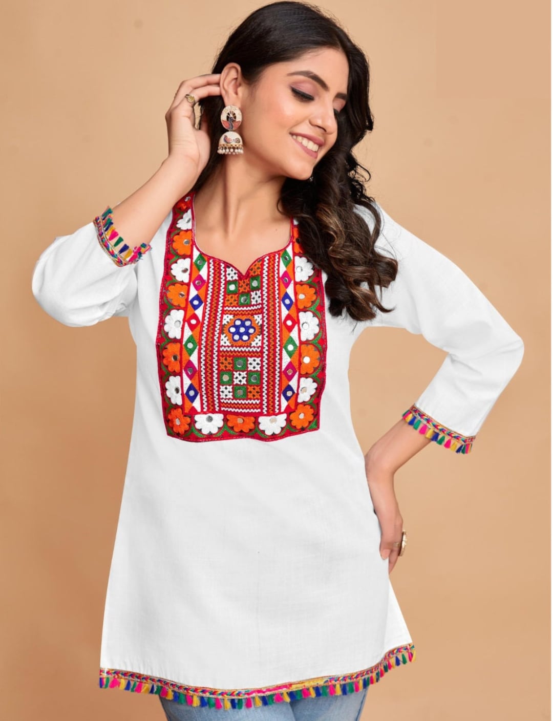 Cotton White Kurti Set for Women Phulkari Floral Pakistani Salwar ...