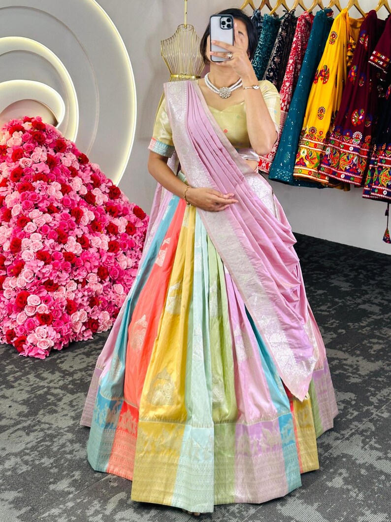 Rainbow Silk Lehenga Choli for Women Dupatta Set Ghagra Bridesmaid Crop ...