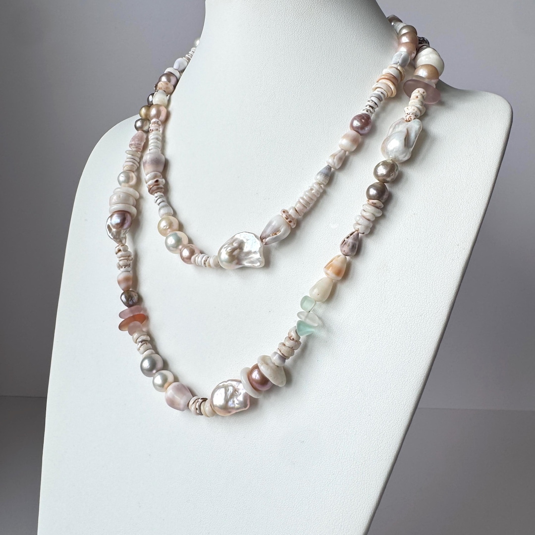 Mermaid Cone Puka Shell Edison Pearl Fireball Sea Glass Necklace One of ...