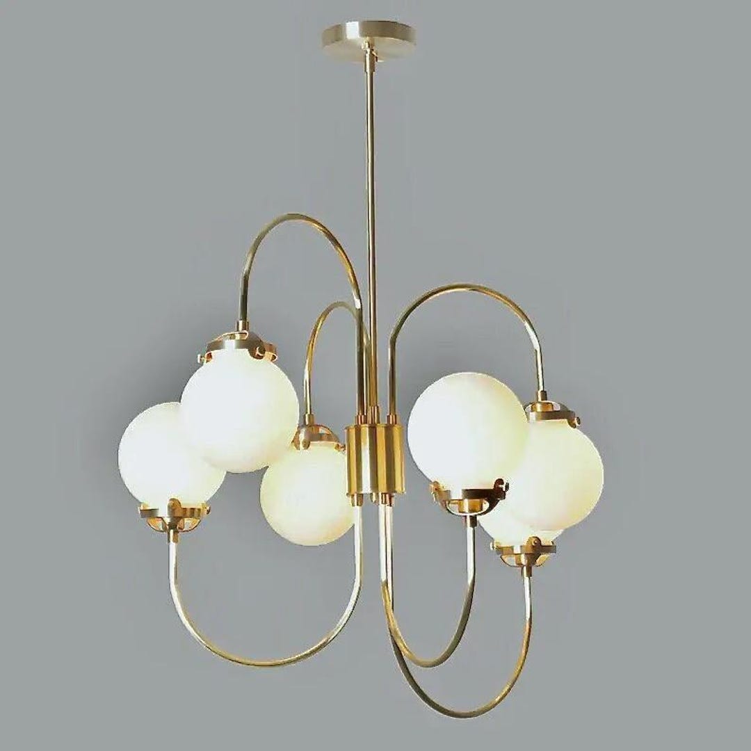 Mid Century Modern Bubble Gooseneck Globe Chandelier, Brass Frame Glass ...