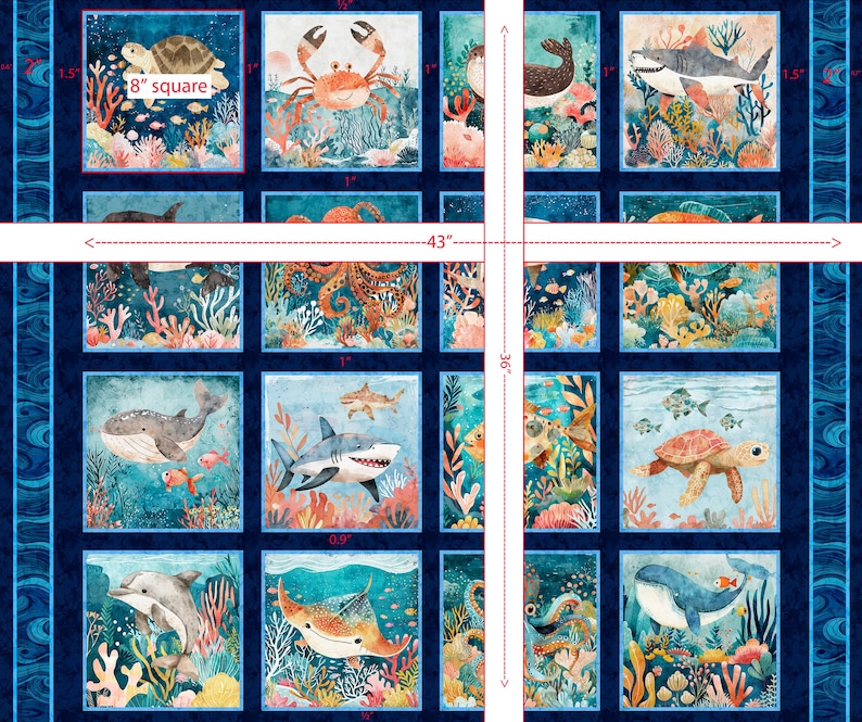 Deep Sea Dazzle Panel Undersea Adventure Whales Octopi Crabs Sharks ...