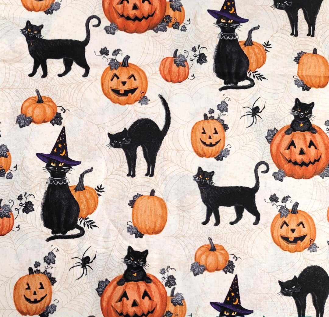 NEW! Meow-gical Night Cat & Pumpkins on Cream Halloween Black Cats ...