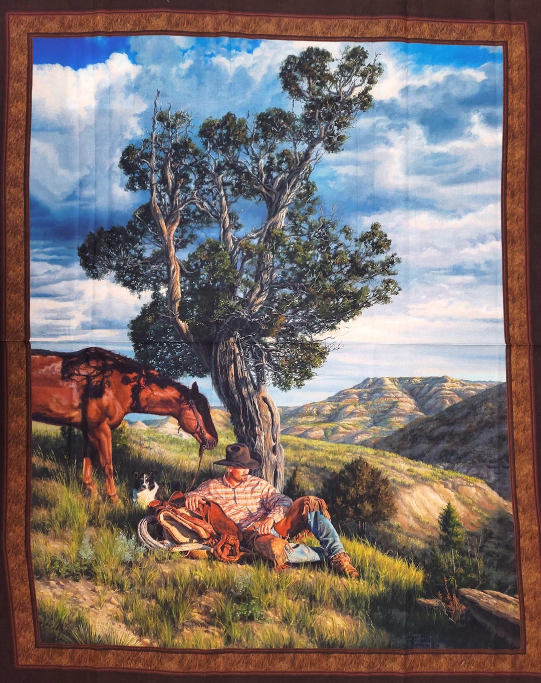 Downtime Horse Panel, Cowboy With His Horse and Dog, Western Fabric ...
