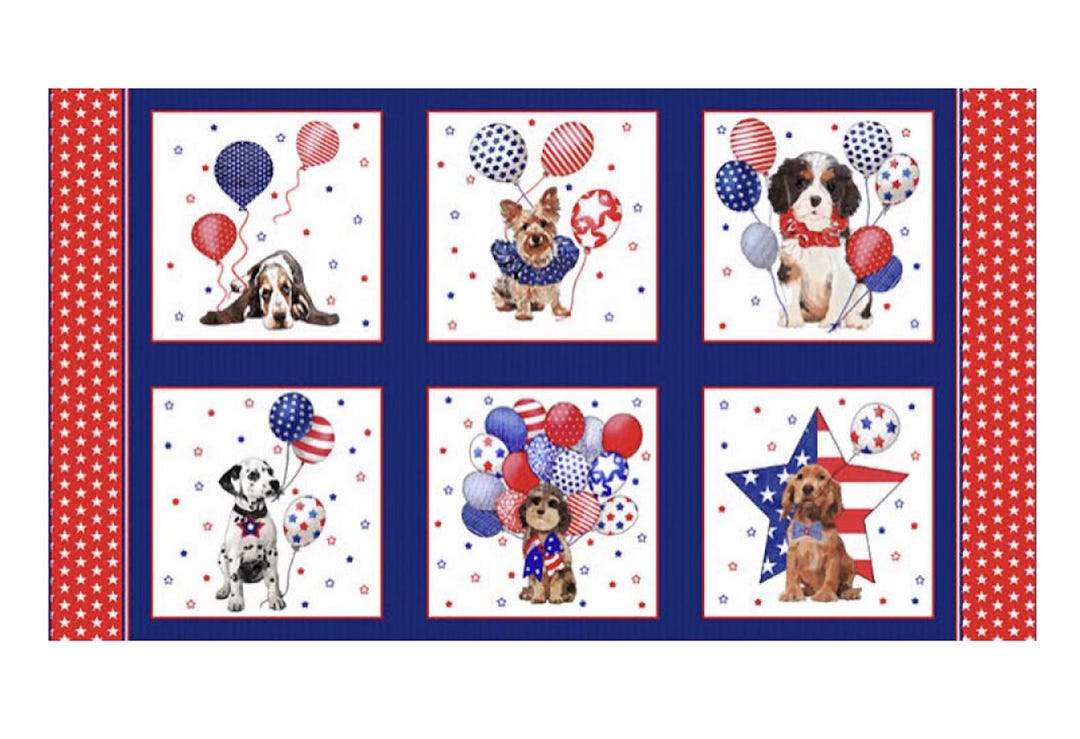 Paws for America Panel, Patriotic Puppy Dogs and Balloons, Bassett ...