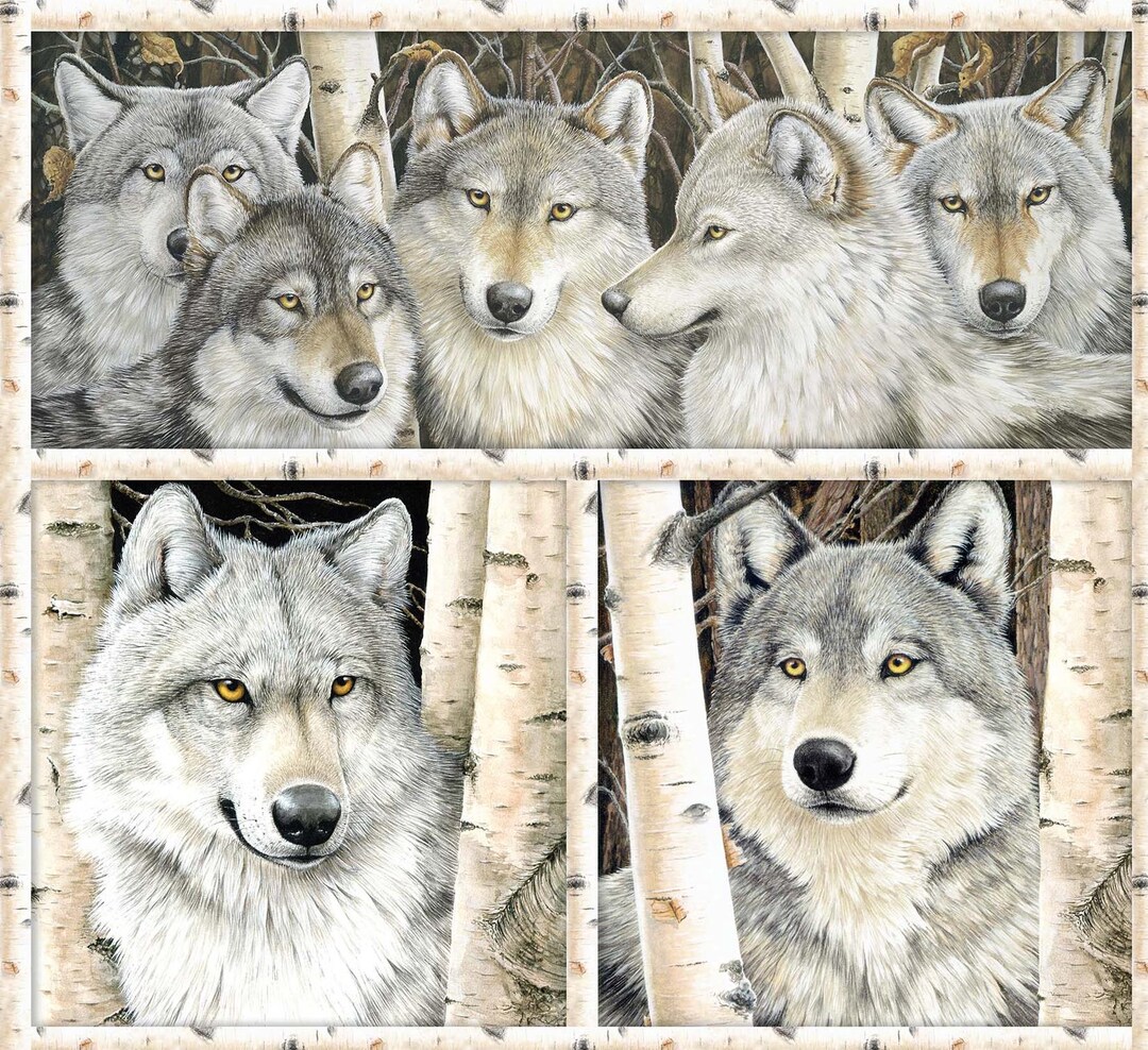 RARE! Gray Wolf Panel by Kathy Goff Wolves Roaming Wilderness Plains ...