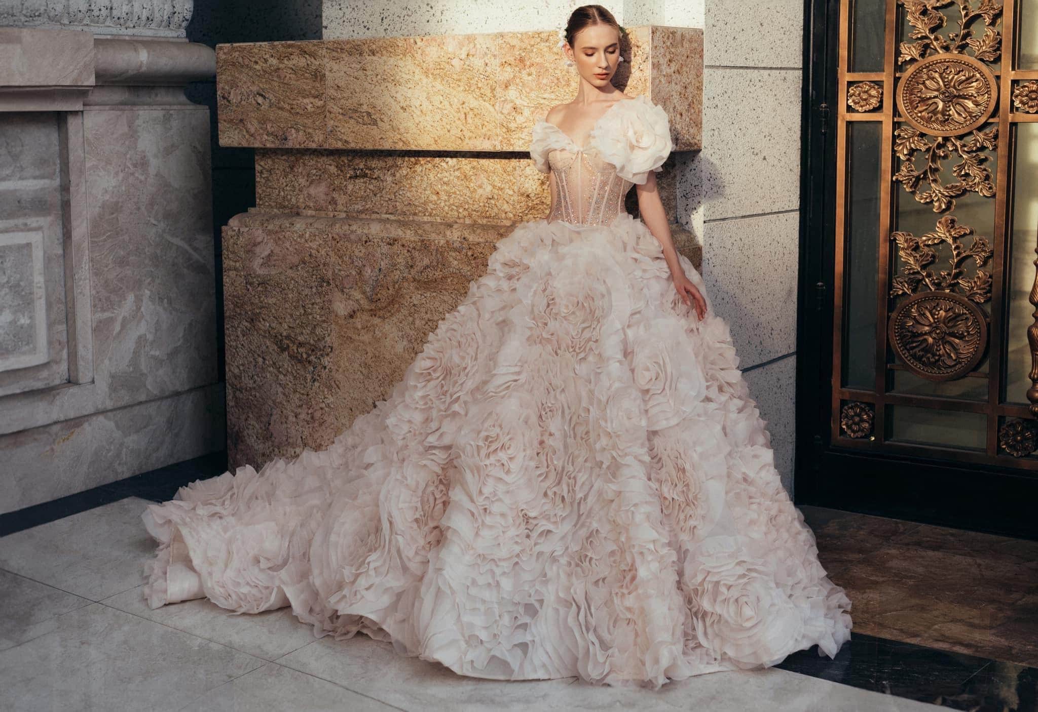 Luxury Wedding Gown With Handcrafted Floral Lace and Long Flowing Train ...