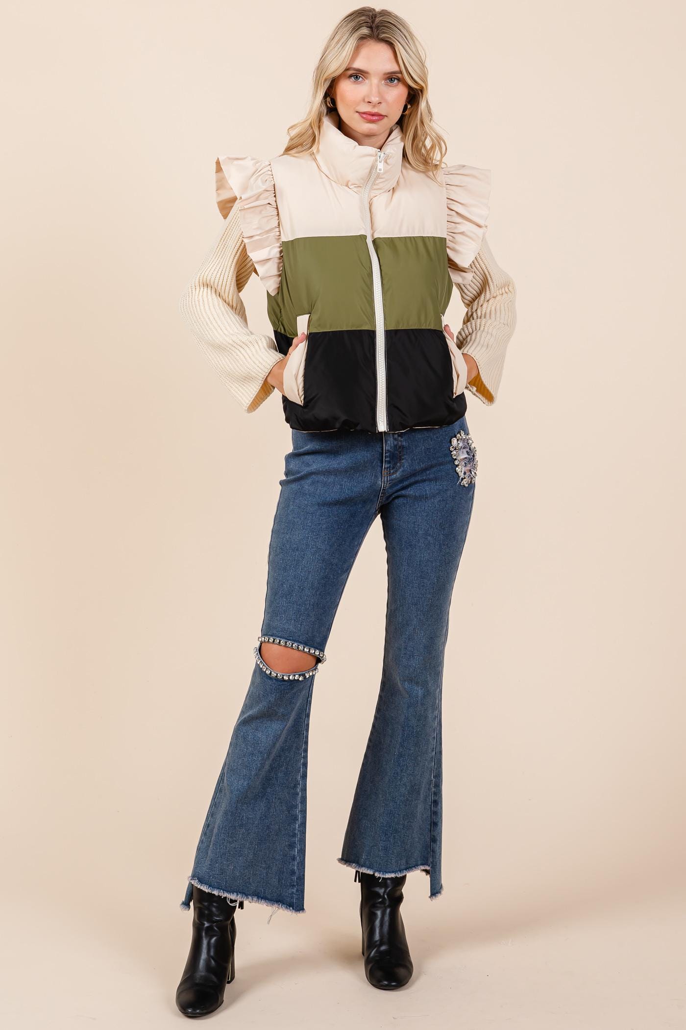 Color Block Ruffle Trim Puffer Vest - Etsy