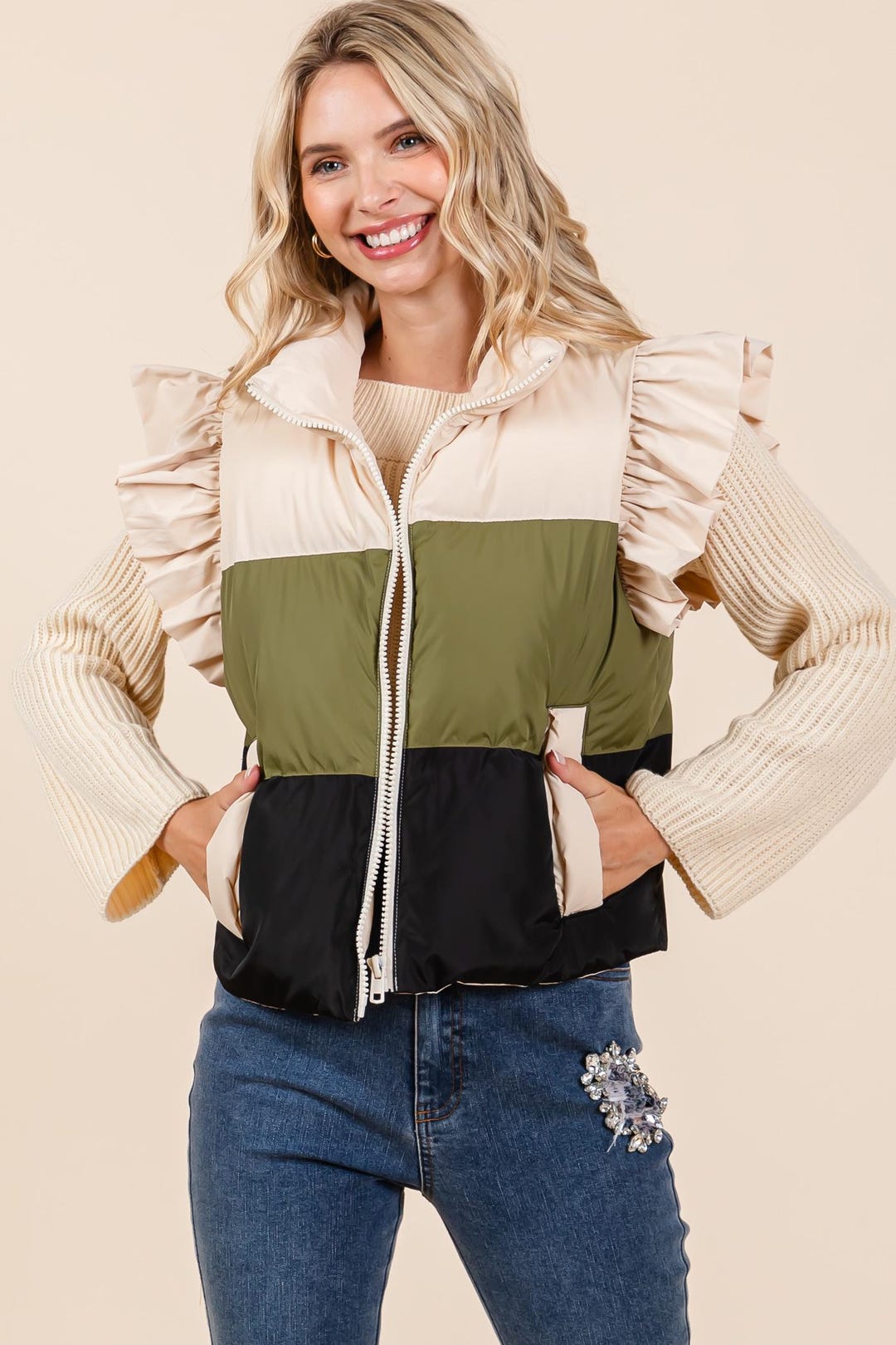 Color Block Ruffle Trim Puffer Vest - Etsy