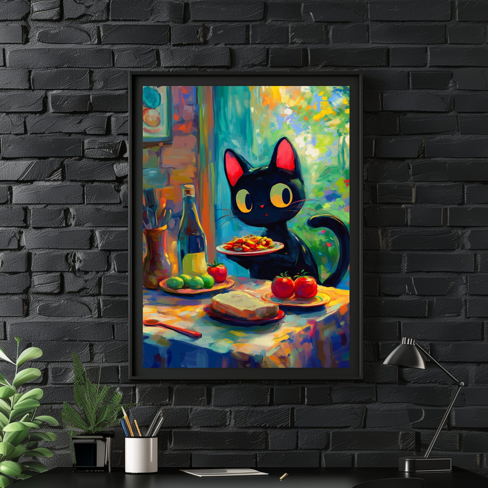 Jiji Black Cat Ghibli Anime Wall Art Print, Cute Hungry Kitty Kiki's ...