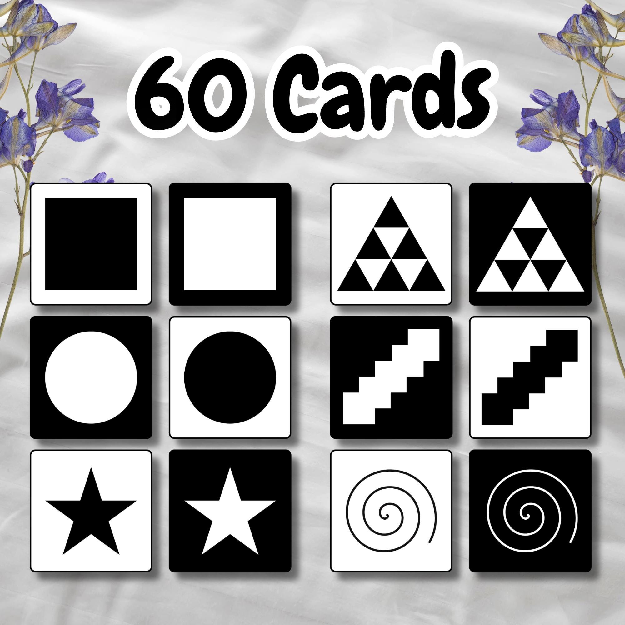 60 Printable High Contrast Baby Cards Montessori Black and White Baby ...