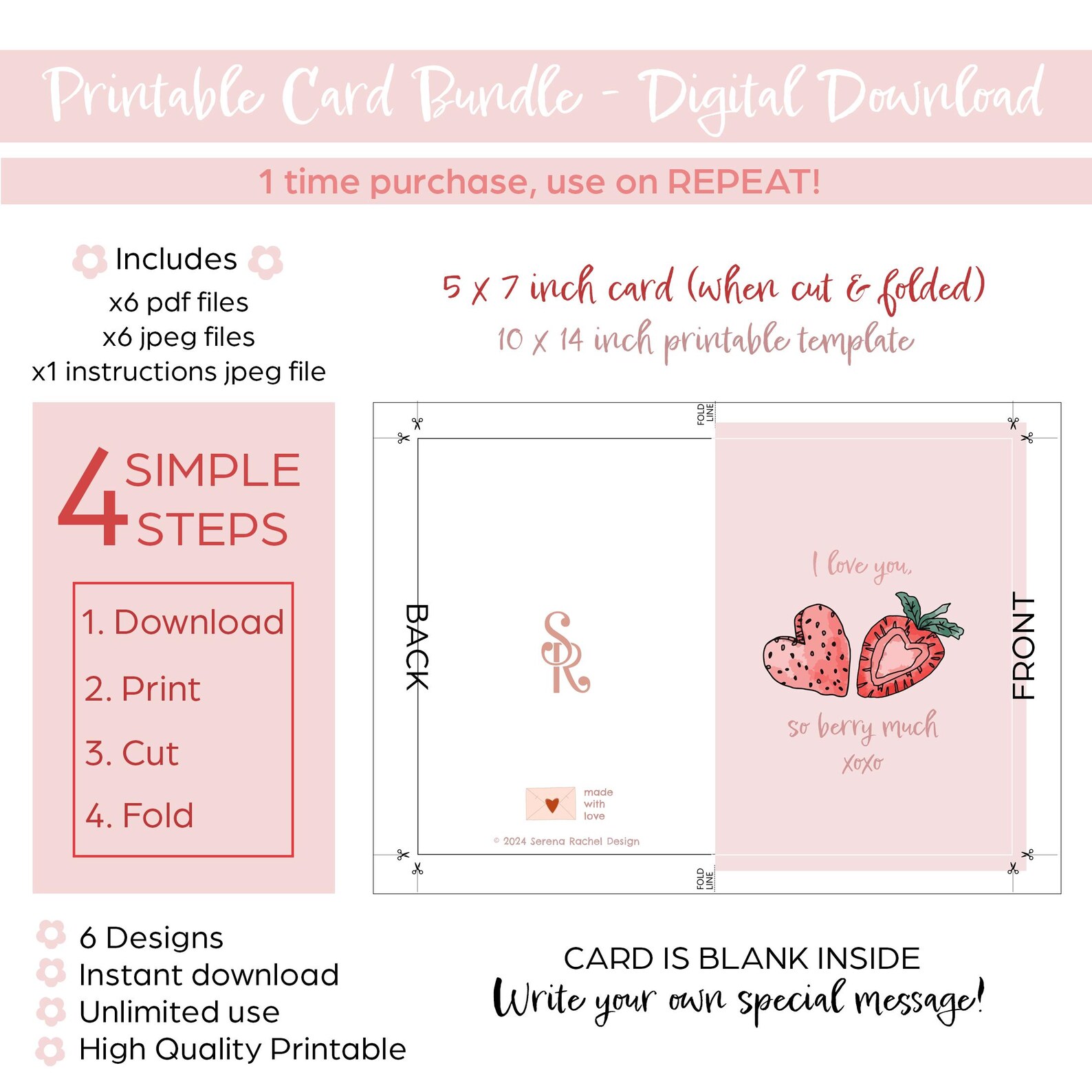 Printable Card | Strawberry Theme Card Bundle Set of 6 | Digital ...