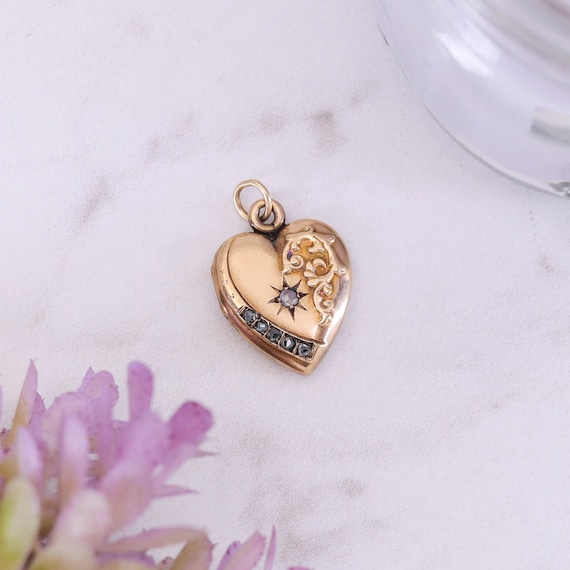 Antique Diamond Heart Locket of 10k Gold - Gem