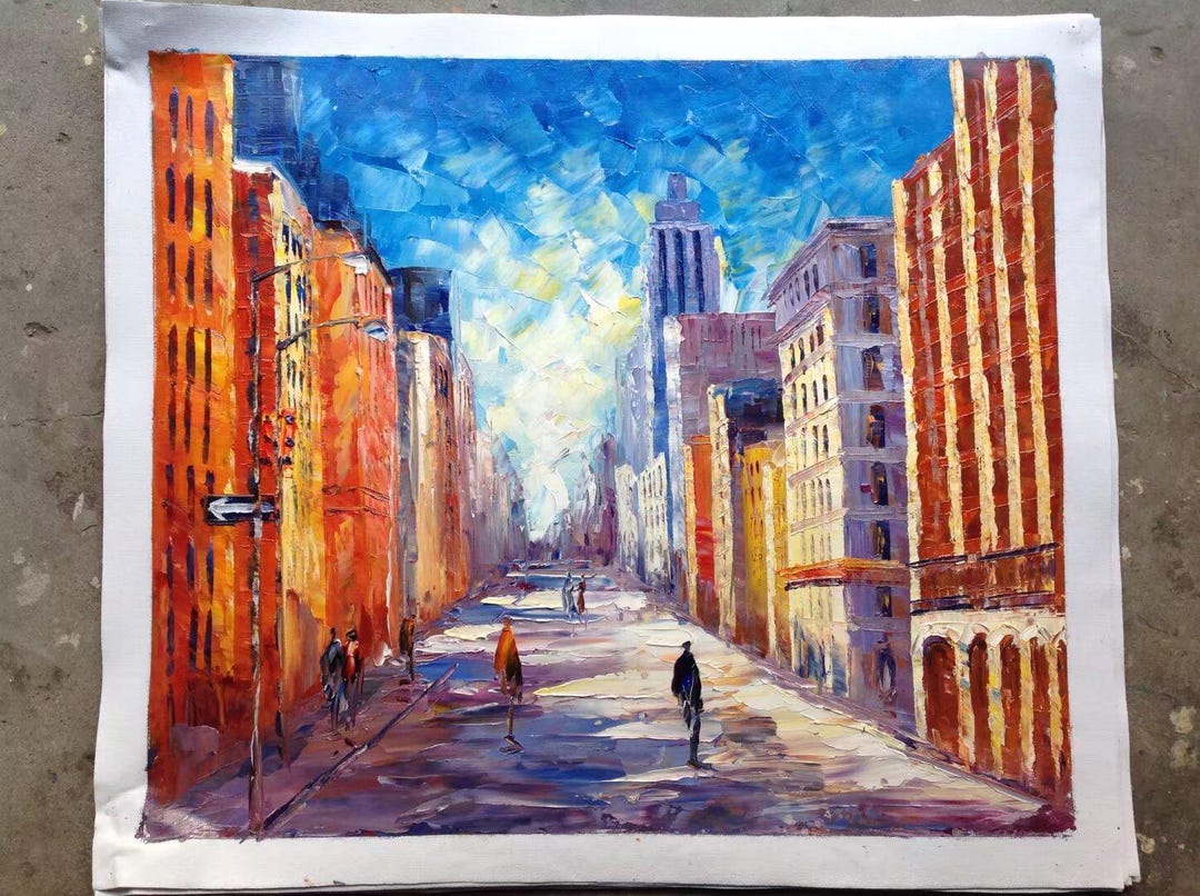 Sunlit City Street Oil Painting: Modern Urban Landscape Wall Art ...