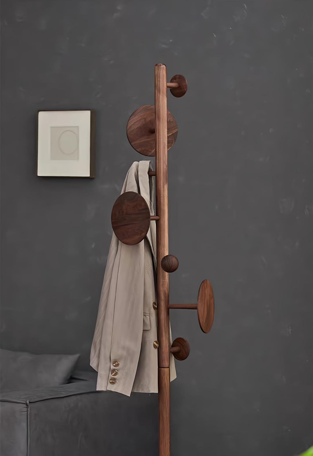 Sculptural Wooden Coat Stand, Walnut Wood Japandi Style Freestanding ...
