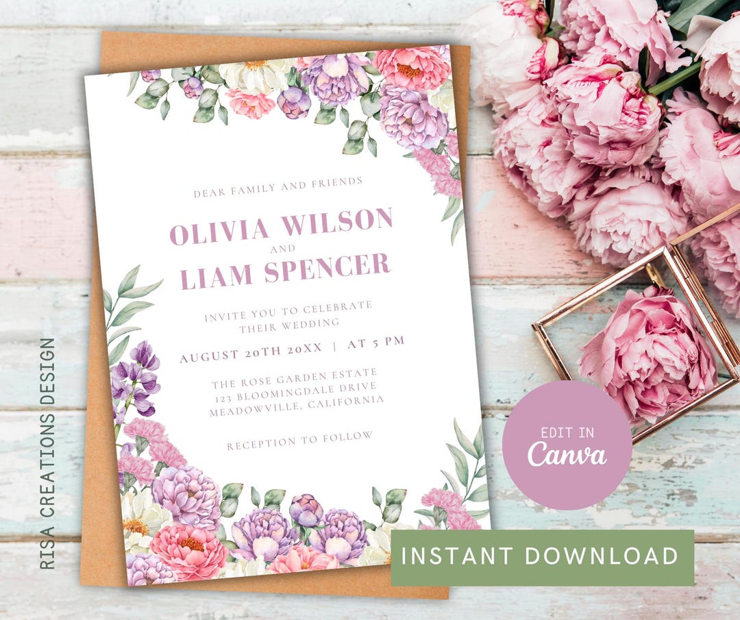 Floral Pastel Wedding Invitation Template, Printable Pastel Pink and ...
