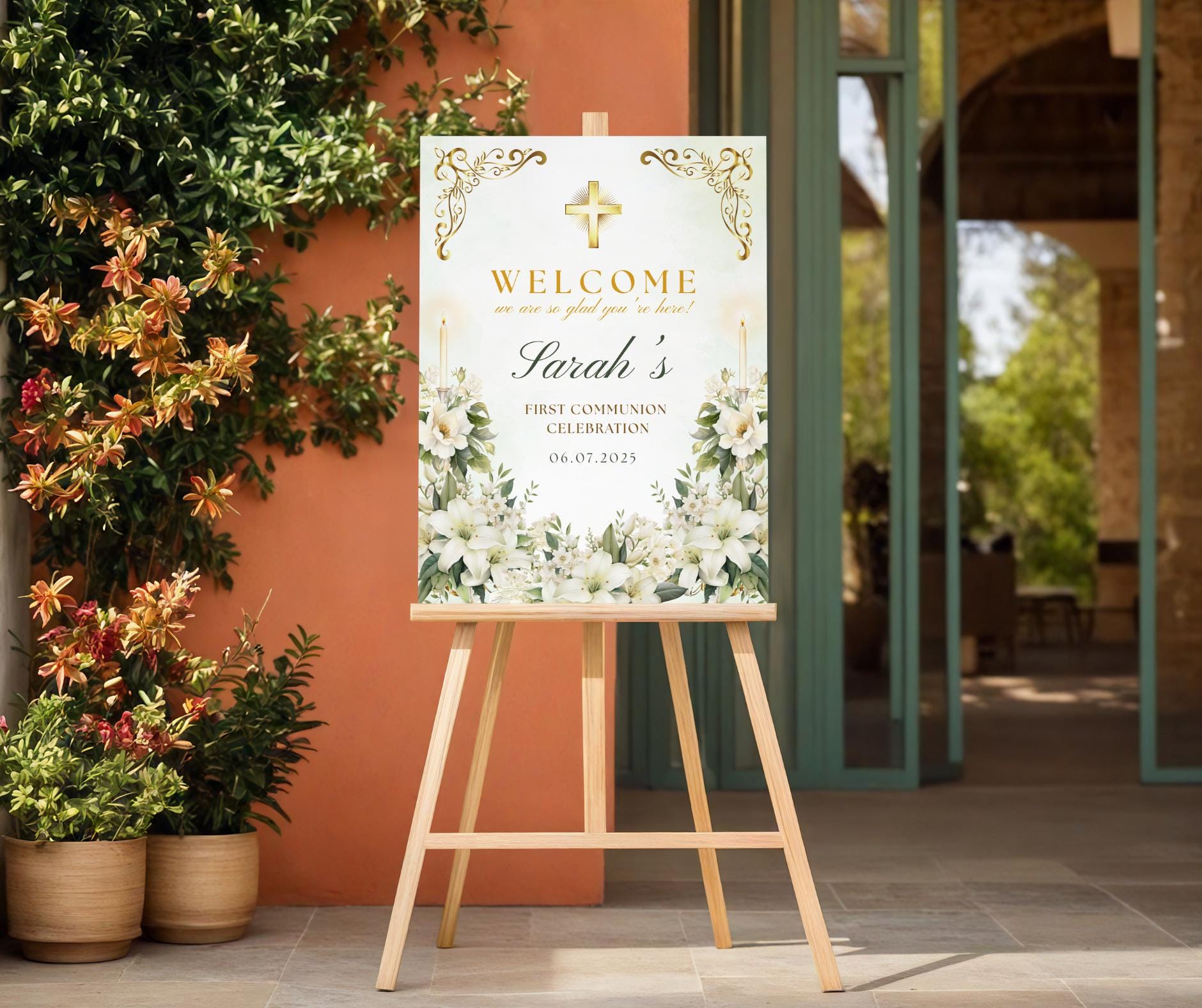 Editable First Communion Welcome Sign, Green and Gold Floral Poster ...
