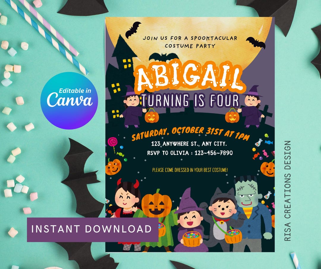 Editable Halloween Birthday Party Invitation Template, Kids Halloween ...