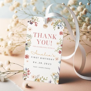 Wildflower Birthday Favor Tag, Floral Wild One Thank You Tag, Editable ...