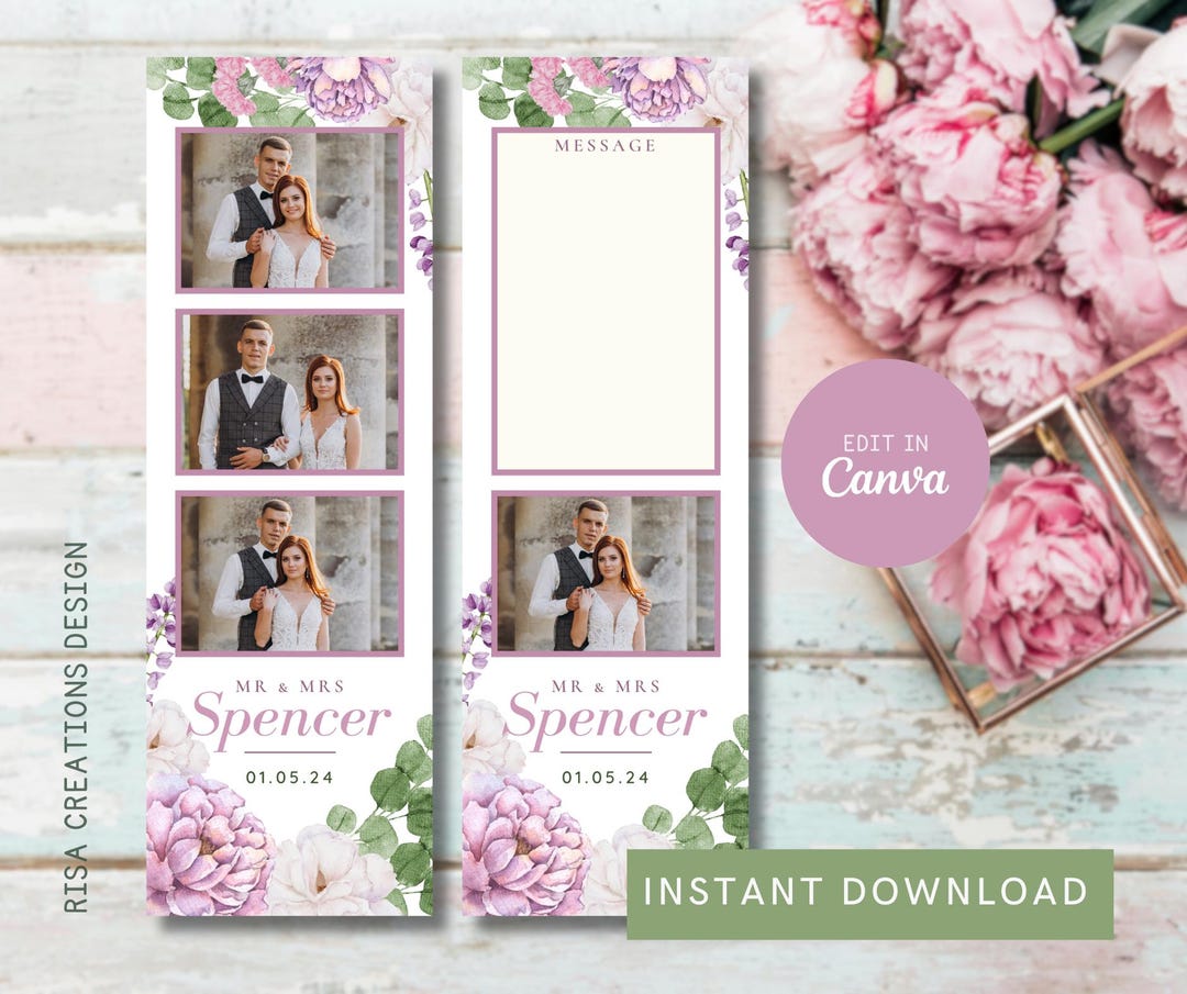 Editable Floral Wedding Photo Strip, Favor & Guest Book Alternative ...