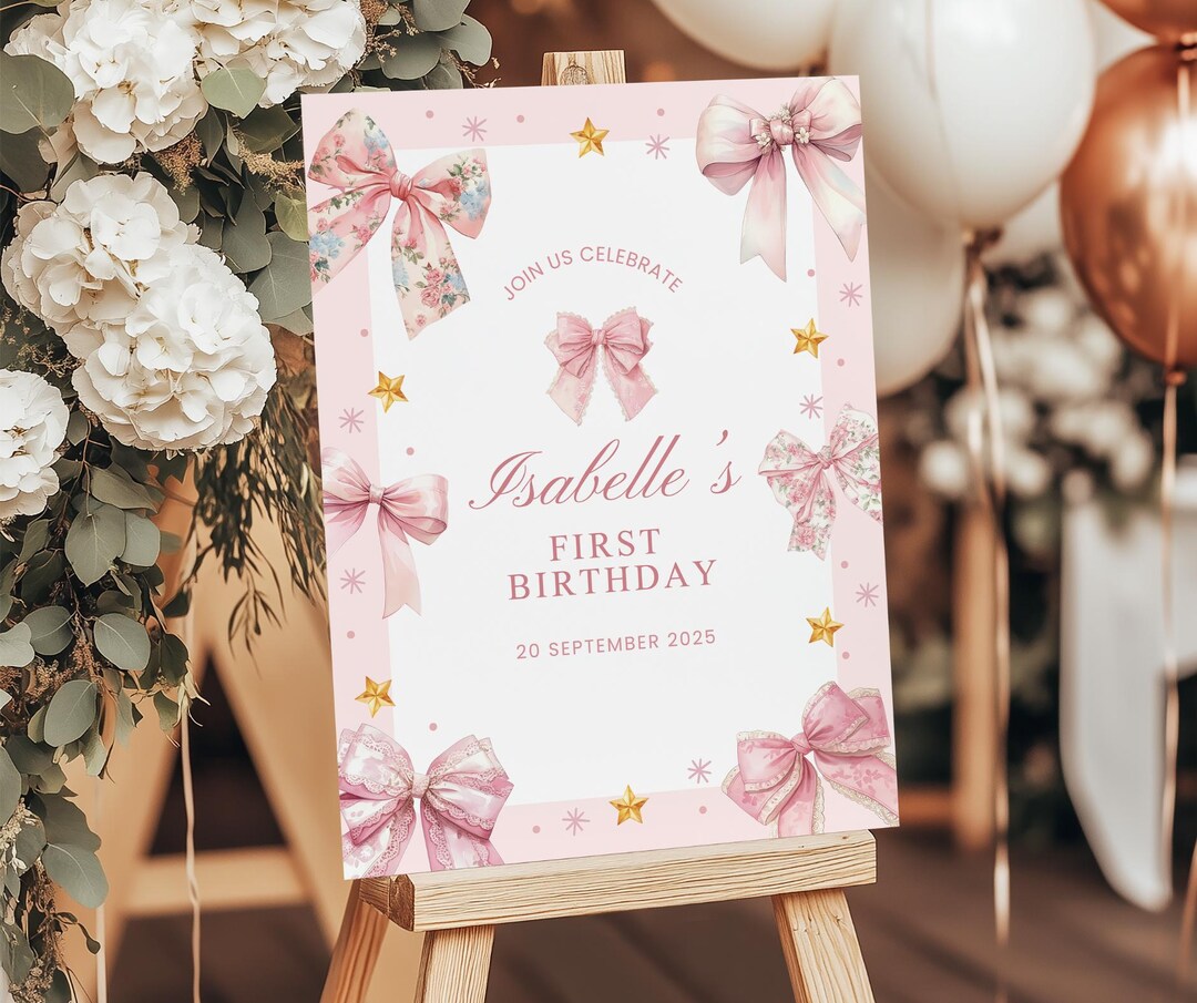 Bow Birthday Welcome Sign Template, Pink Coquette Bows Party Sign ...