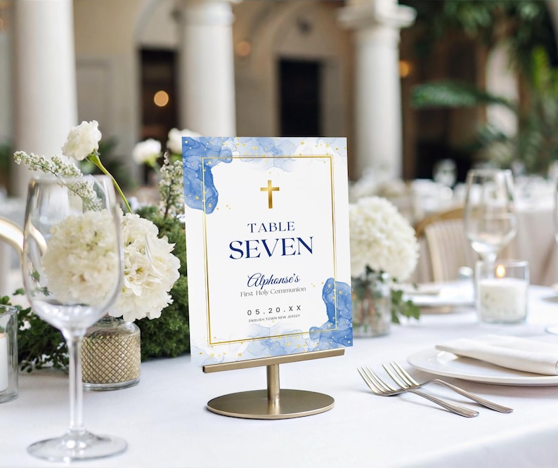 First Holy Communion Table Number Template, Blue Gold Table Cards ...