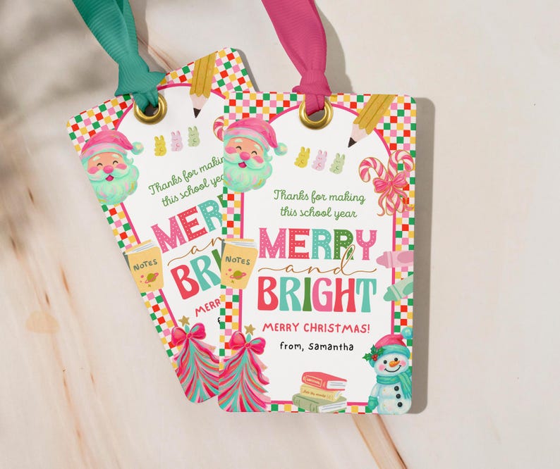 Editable Merry & Bright Christmas Gift Tags, Teacher Thank You Tag ...