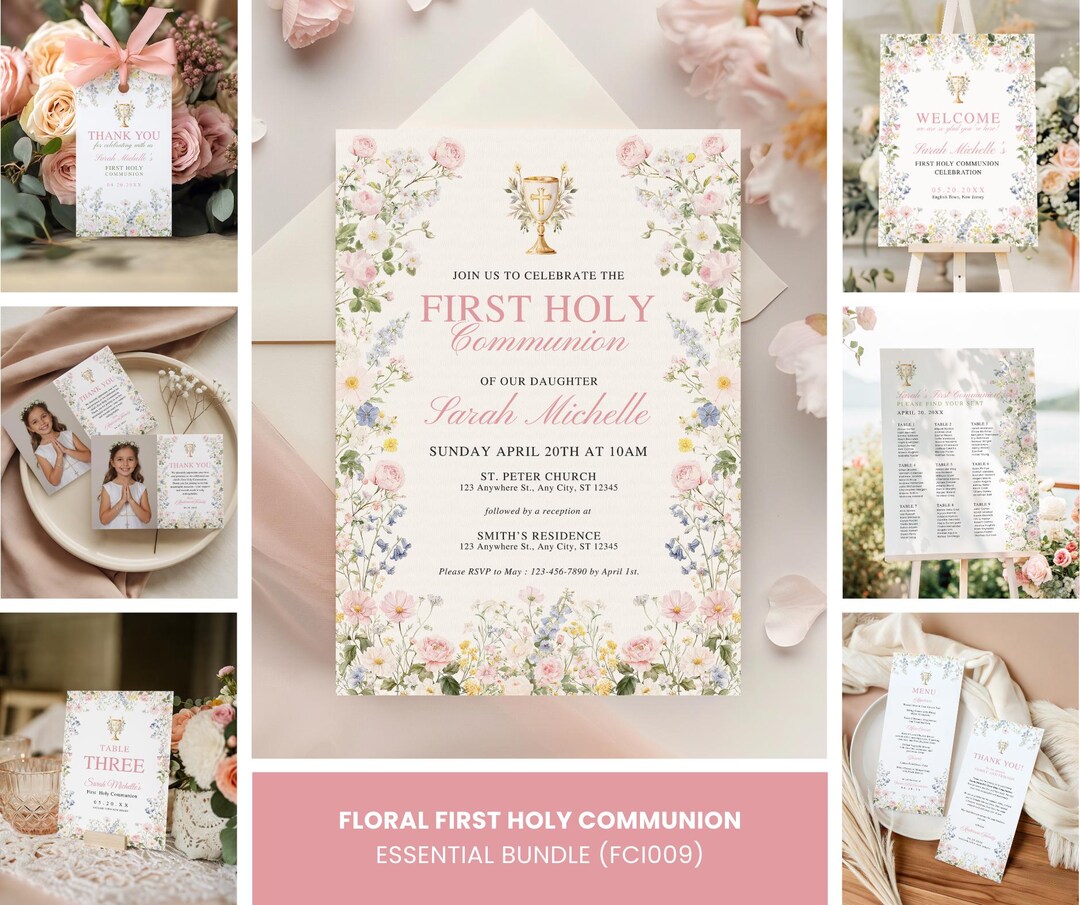 Floral First Holy Communion Essential Bundle, Pink Girl Holy Communion ...