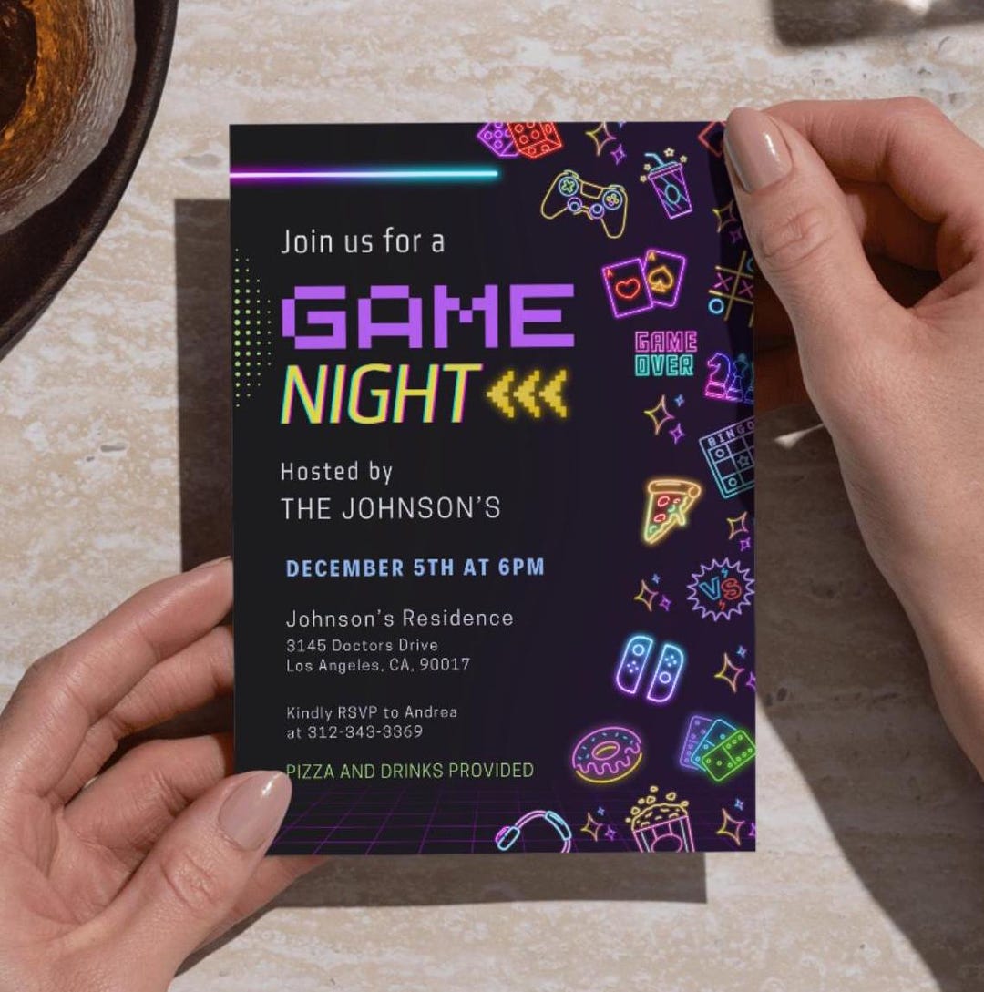 Game Night Invitation – Neon Video Game Party Invite, Editable Gamer ...